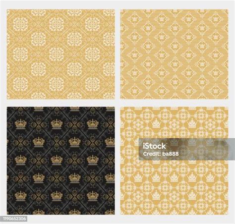 4 원활한 패턴 배경 화면 디자인 패턴의 집합입니다 빈티지 로얄 스타일 고딕 양식의 패턴입니다 이미지 색상 블랙 골드 화이트 그래픽 디자인 템플릿 배경 벡터 세트 0명에
