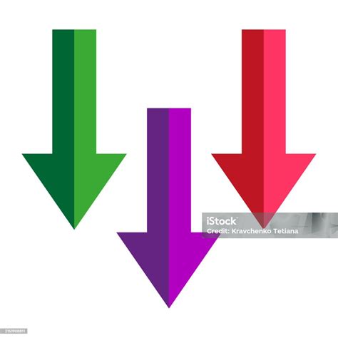아래쪽을 가리키는 다채로운 화살표 여러 가지 색의 방향 표시기 벡터입니다 녹색 보라색 빨간색 화살표 디자인 간단한 탐색 아이콘 가리키기에 대한 스톡 벡터 아트 및 기타