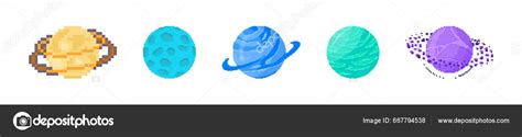 Set Pixel Planets Game Vector Spheres Retro Pixel Art Style Stock