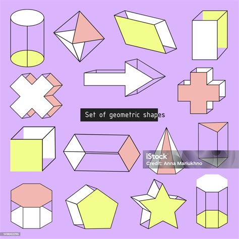 기하학적 모양의 집합 원뿔 삼각형 프리즘 별 화살표 평행 육각형 육각형 오각형 프리즘 별 실린더 큐브 팔면체 사면체 플러스 및 십자가 0명에 대한 스톡 벡터 아트 및 기타