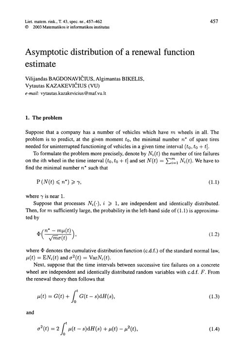 Pdf Asymptotic Distribution Of A Renewal Function Estimateatstatymo Funkcijos įverčio