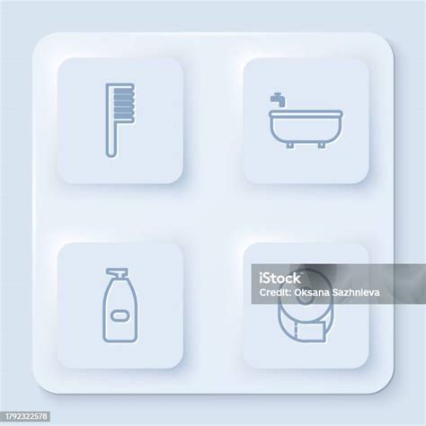 세트 라인 헤어 브러시 욕조 액체 항균 비누 병 및 화장지 롤 흰색 사각형 버튼입니다 벡터 건강관리와 의술에 대한 스톡 벡터 아트 및 기타 이미지 Istock
