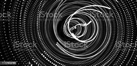 동적 파티클이 있는 배열입니다 연결된 점으로 소용돌이 추상 과학 또는 기술 배경 3d 벡터 그림입니다 3차원 형태에 대한 스톡