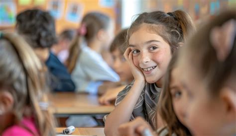 Happy School Girl Smiling In Classroom Surrounded By Classmates During