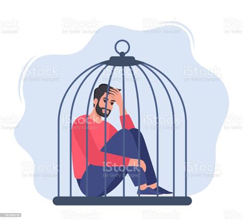 닫힌 새장 안에 앉아 있는 슬픈 남자 사회의 인권과 자유에 대한 제한의 개념 벡터 그림입니다 갇힌에 대한 스톡 벡터 아트 및 기타 이미지 Istock