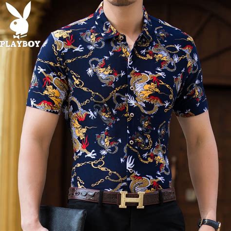 ☢เพลย์บอย แฟชั่น สไตล์ชาติพันธุ์ เสื้อเชิ้ตแขนสั้น ชายวัยกลางคน ชายย้อนยุค ดอกไม้ เสื้อพ่อ