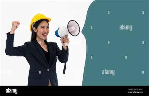 Asian Woman Holding A Megaphone Shouting Loud With Curly Bracket Space