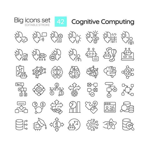 2d Editable Black Big Thin Line Icons Set Representing Cognitive Computing Isolated Simple