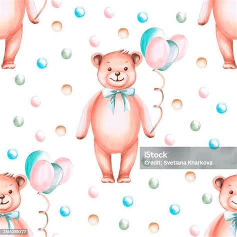 흰색 배경에 풍선과 수채화 그림이 있는 서 있는 곰의 완벽 한 패턴입니다 아기 벽지 아기 린넨 베이비 샤워에 대 한 잠자는 곰의 손으로 그린 그림 가정의 방에 대한 스톡