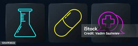 세트 라인 테스트 튜브 및 플라스크 의사와 의학 알약 또는 태블릿과의 대화 검은 색 사각형 버튼 벡터 아이콘에 대한 스톡 벡터 아트 및 기타 이미지 Istock