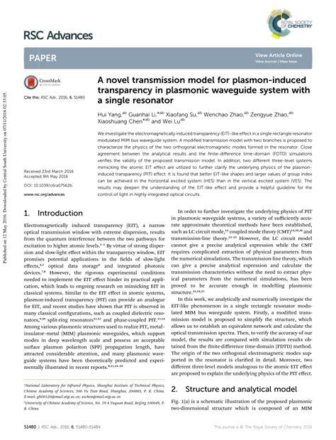 Pdf A Novel Transmission Model For Plasmon Induced Transparency In