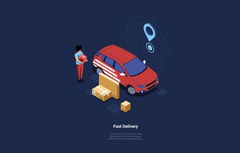 만화 3d 스타일의 벡터 일러스트레이션 텍스트 및 개체가 있는 어두운 배경의 등색 구성입니다 빠른 배달 컨셉 디자인 빨간 작업 차 소포와 골판지 상자를 가진 남자 지도 및