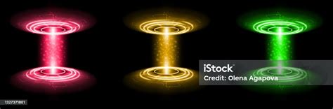 색상 홀로그램 포털 매직 판타지 포털 홀로그램 효과매직 서클 텔레포트 연단 클라크 압정에 불꽃과 벡터 빛 광선 강단에 대한 스톡 벡터 아트 및 기타 이미지 Istock