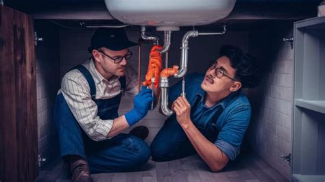 Two Plumbers Fixing Pipes Under A Sink Premium Ai Generated Image