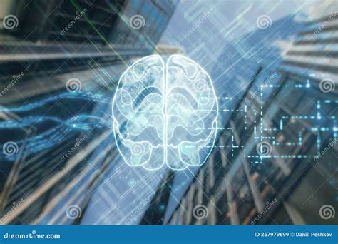 creative glowing brain hologram on city background neurology research artificial intelligence