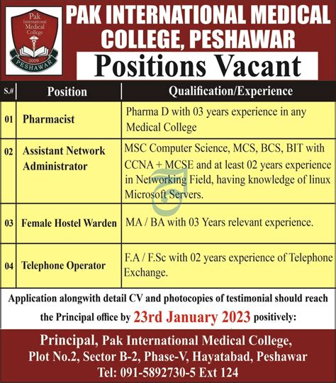 Pak International Medical College Peshawar Jobs 2023 2024 Job