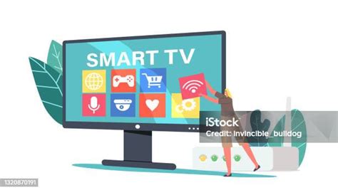 현대 텔레비전 기술 스마트 Tv 콘텐츠 응용 프로그램 개념 작은 여자 는 Tv 화면에 멀티미디어 아이콘을 넣어 Led 조명에 대한 스톡 벡터 아트 및 기타 이미지 Istock