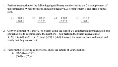 solved 1 perform subtraction on the following signed binary