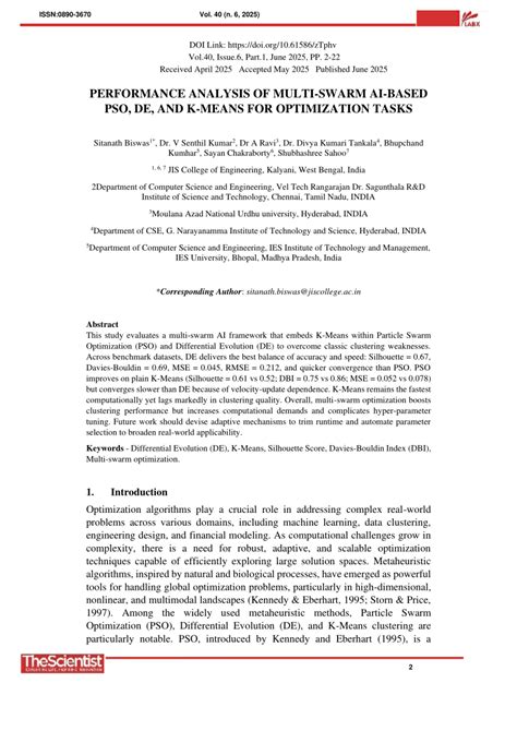 Pdf Performance Analysis Of Multi Swarm Ai Based Pso De And K Means For Optimization Tasks