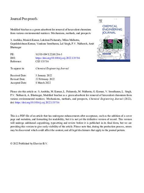 Pdf Modified Biochar As A Green Adsorbent For Removal Of Hexavalent