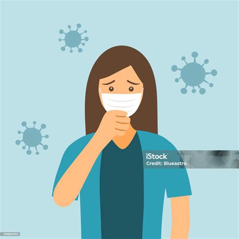 배경에 바이러스 세포와 의료 얼굴 마스크 내부 기침 여자 아픈 여성 아프고 차가운 독감과 바이러스 평평한 디자인의 인플루엔자