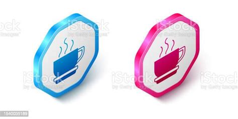 흰색 배경에 격리 된 등색 커피 컵 아이콘 차 컵 뜨거운 음료 커피 육각 버튼 벡터 3차원 형태에 대한 스톡 벡터 아트 및 기타 이미지 3차원 형태 경영자 누름 버튼