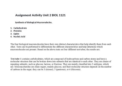 Assignment Activity Unit 2 BIOL 1121 Assignment Activity Unit 2 BIOL