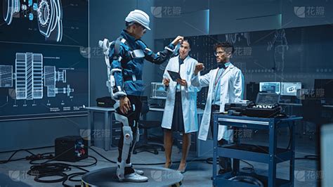 在机器人开发实验室工程师和科学家工作的仿生学外骨骼原型与人测试它。帮助残疾人和仓库工人设计可穿戴的