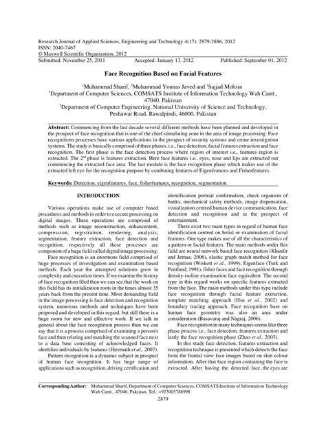 Pdf Face Recognition Based On Facial Features