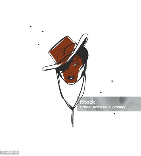 손으로 그린 추상 벡터 그래픽 클립 아트 일러스트 보호 카우걸 모자 초상화 서양 여성 디자인 개념 보헤미안 야생 서부 현대 미술 카우보이 소녀 현대 그림 미국 카우걸 로고