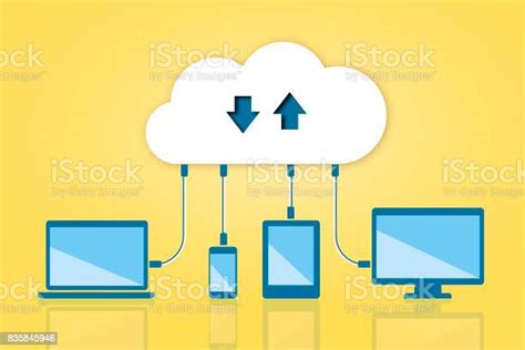 업로드 다운로드 클라우드 컴퓨팅 노란색 배경에 평면 벡터 일러스트 레이 션 Usb 케이블에 대한 스톡 벡터 아트 및 기타 이미지