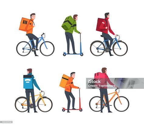 스쿠터와 자전거 운반 가방 벡터 세트에 남자와 음식 배달 택배 서비스 가방에 대한 스톡 벡터 아트 및 기타 이미지 가방