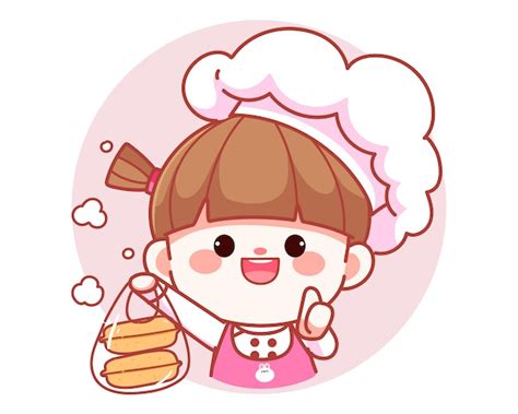 주걱 배너 로고 만화 예술 그림을 들고 웃는 행복 한 귀여운 여자 요리사 무료 벡터