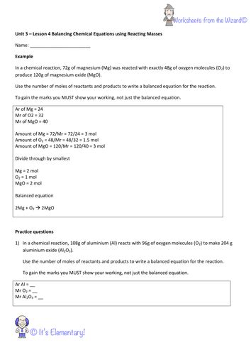 Aqa Gcse Chemistry Unit 3 Lesson 4 Balancing Equations Using Reacting Masses Teaching