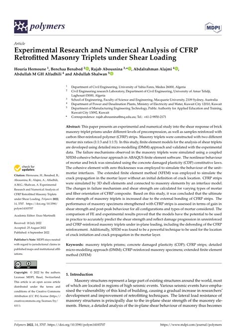 Pdf Experimental Research And Numerical Analysis Of Cfrp Retrofitted Masonry Triplets Under