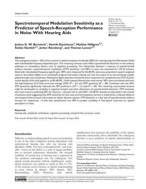 Pdf Spectrotemporal Modulation Sensitivity As A Predictor Of Speech