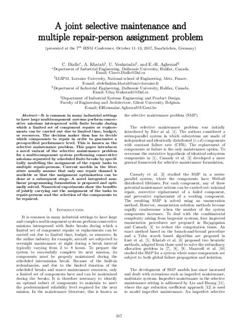 Pdf A Joint Selective Maintenance And Multiple Repair Person Assignment Problem