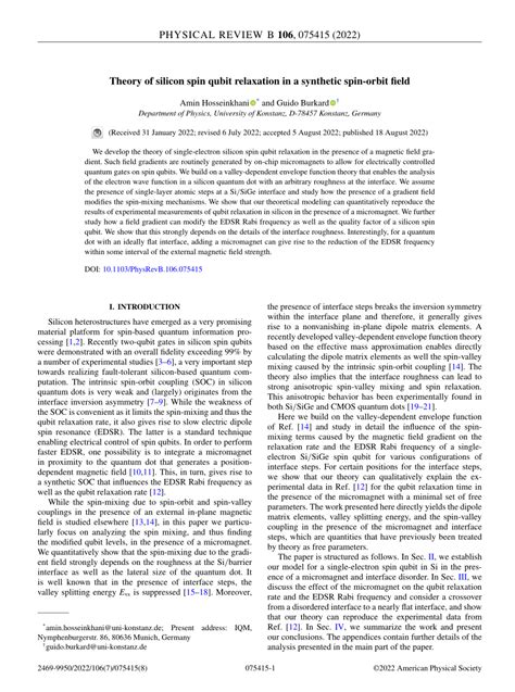 Pdf Theory Of Silicon Spin Qubit Relaxation In A Synthetic Spin Orbit Field