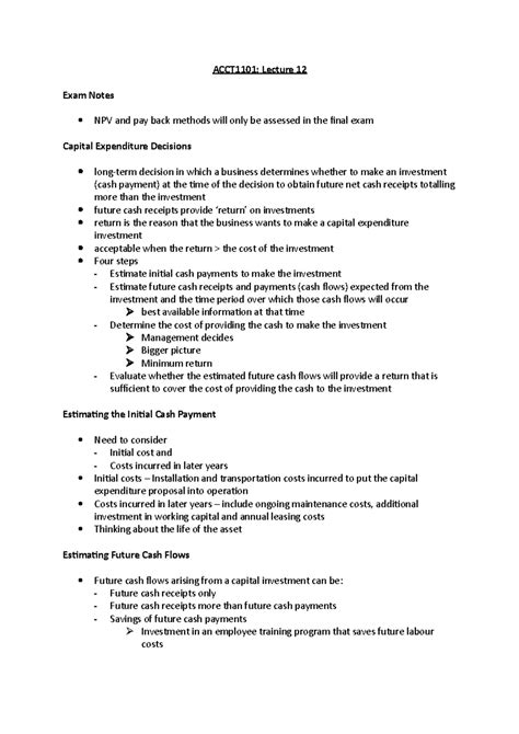 Acct1101 Lecture 12 Acct1101 Lecture 12 Exam Notes Npv And Pay Back Methods Will Only Be