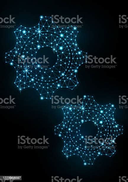 백라이트와 검은 배경에 눈부심 효과와 빛나는 기어 아이콘 그리드 기어 아이콘 빛나는 다각형 메쉬 프레임입니다 벡터 개발에 대한 스톡 벡터 아트 및 기타 이미지 Istock