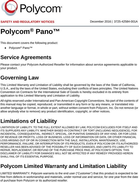 Polycom PANO Visual Collaboration Device User Manual Polycom Pano Safety And Regulatory Notices