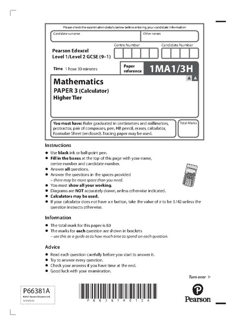 November Edexcel GCSE Maths Paper H Higher Tier Non Calculator Studocu