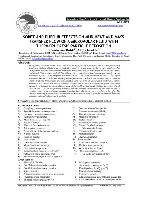 Pdf Soret And Dufour Effects On Mhd Heat And Mass Transfer Flow Of A Micropolar Fluid With