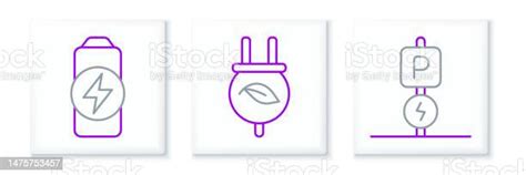 세트 라인 충전 주차 전기 자동차 배터리 충전 및 전기 절약 플러그 잎 아이콘 벡터 가득 찬에 대한 스톡 벡터 아트 및 기타 이미지 가득 찬 계기판 측정기 고압 전류