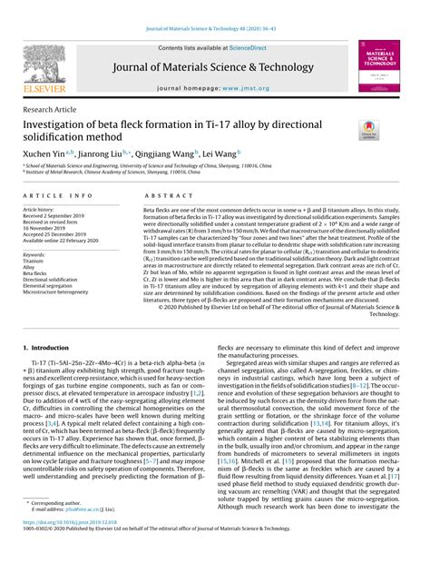 Pdf Investigation Of Beta Fleck Formation In Ti 17 Alloy By Directional Solidification Method