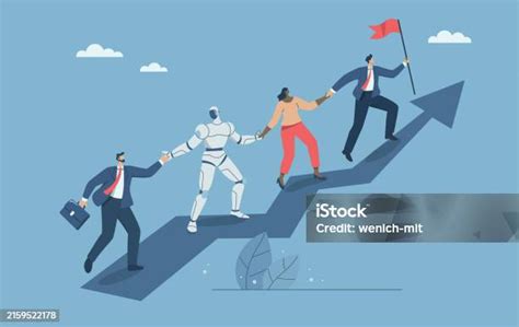 인간과 인공 지능 또는 Ai 간의 협업 기업 기술 개발 투자 성장 사업가와 로봇 간의 협력이 하늘로 치솟고 있습니다 벡터 디자인