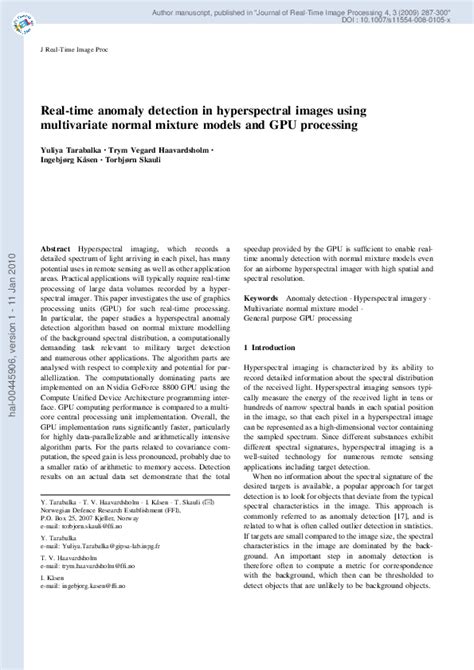 Pdf Real Time Anomaly Detection In Hyperspectral Images Using Multivariate Normal Mixture
