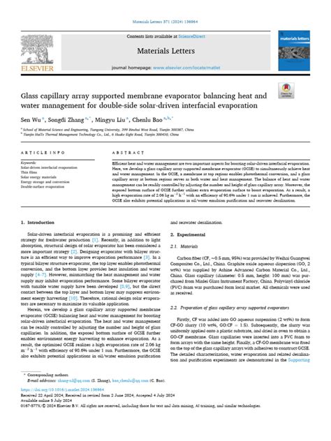 Glass Capillary Array Supported Membrane Evaporator Balancing H 2024 Materia Pdf