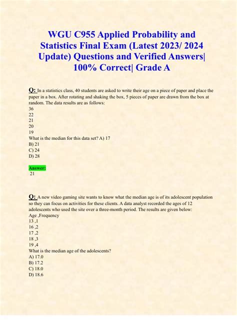 WGU C Applied Probability And Statistics Final Exam Latest Update Questions And