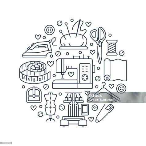 바느질 장비 손 공급 배너 그림을 했다 벡터 라인 아이콘 바느질 액세서리 봉 제 기계 섬유 핀 바늘 스레드 철 걸이 및 다른 Diy 도구 재단사 상점 서식 파일 바느질하기에